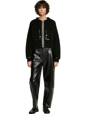 Sandro Hooded Cardigan With Leather Trim - Black