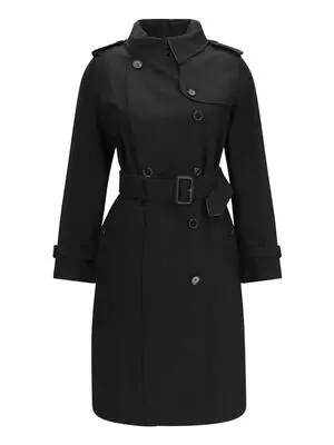 Burberry Long Gabardine Trench Coat With Check Collar - Black