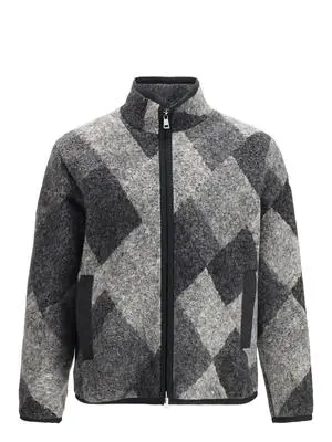 Moncler Wool Blend Zip Cardigan With Diamond Pattern - Grey