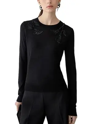 Carolina Herrera Embellished Long Sleeve Crewneck Sweater - Black