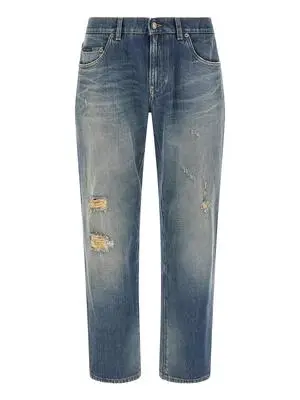 Dolce & Gabbana Destroyed Logo Plaque Denim - Blue