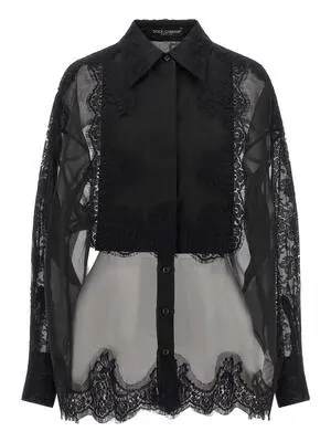 Dolce & Gabbana Cashmere Organza Lace Insert Shirt - Black