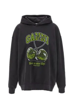 GANNI Cotton Cherry Print Hoodie - Gray