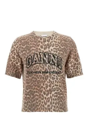 GANNI Leopard Wool Mix T-shirt - Brown