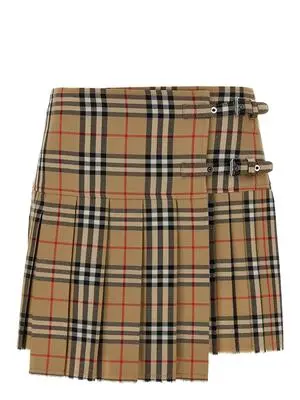 Burberry Check Wool Kilt Skirt - Beige