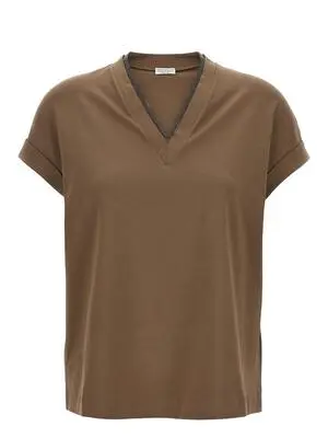 Brunello Cucinelli BRUNELLO CUCINELLI Monile Stretch Cotton V-Neck T-Shirt Brown