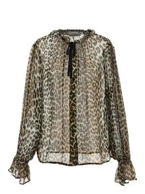 GANNI 'leopard Print Chiffon Tie String' Shirt Brown