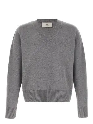 AMI Paris Wool And Cashmere V-neck Sweater - Gray