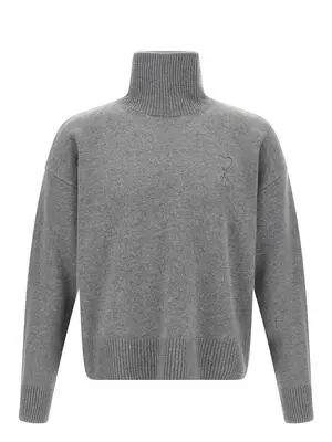 AMI Paris Puff Logo Wool And Cashmere Sweater - Gray