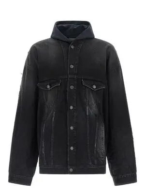 Balenciaga Hybrid Denim And Brushed Cotton Hoodie Jacket - Black