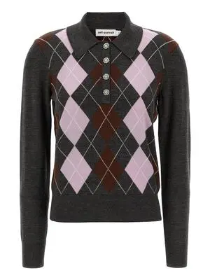 SELF-PORTRAIT Argyle Lightweight Sweater - Gray