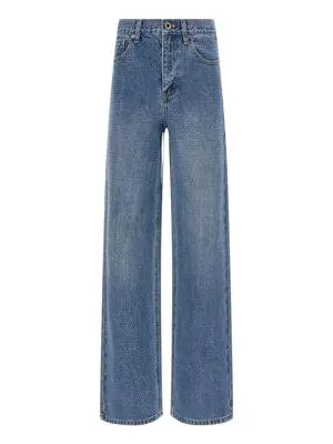 SELF-PORTRAIT Rhinestone Denim Straight Leg Jeans - Blue