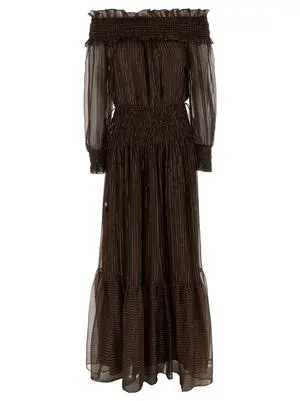 SELF-PORTRAIT Georgette Off Shoulder Maxi Dress - Brown