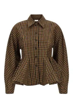 GANNI Crinkled Taffeta Check Print Blouse - Brown