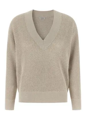 Brunello Cucinelli Openwork Lamé Cotton Blend Sweater - Beige