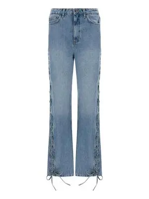ROTATE BY BIRGER CHRISTENSEN Twisted Lacing Cotton Denim Jeans - Light Blue