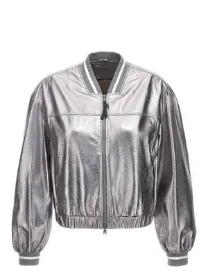 Brunello Cucinelli BRUNELLO CUCINELLI Laminated Leather Bomber Jacket Silver