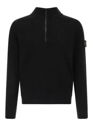 Stone Island Ribbed Cotton Half Zip Sweater - Black