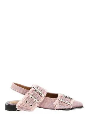 GANNI Buckled Fringed Denim Slingback - Pink