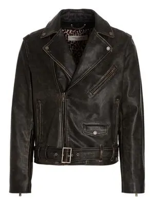 GOLDEN GOOSE Distressed Leather Biker Jacket - Black