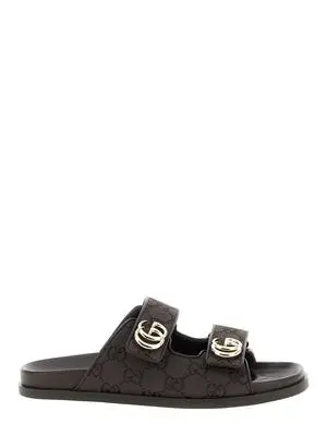 Gucci Doppia G Gg Fabric Slides - Brown