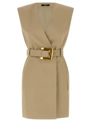 Balmain Anthem Cotton Gabardine Mini Dress - Beige