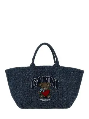 GANNI Tweed Denim Bear Shopping Bag - Blue