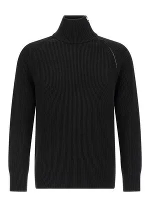 RIVIERA PROJECT Asymmetrical Zip Ribbed Knit Sweater - Black