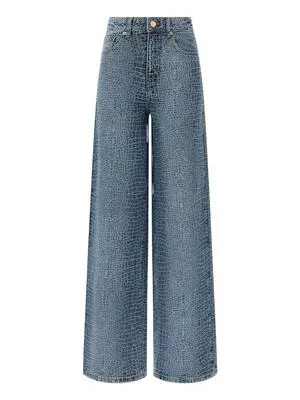 SELF-PORTRAIT Rhinestone Croc Effect Cotton Denim Jeans - Blue