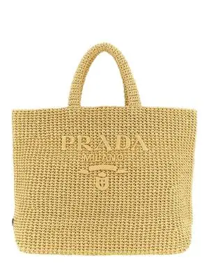 Prada Crochet Raffia Shopping Bag - Beige