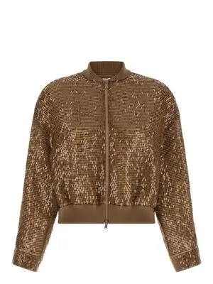 Brunello Cucinelli Sequin-embroidered Silk Bomber Cardigan - Brown