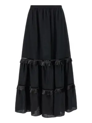 Kiton Fringed Linen Long Skirt - Black