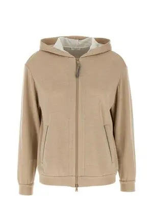 Brunello Cucinelli Monile-embellished Cotton And Silk Interlock Hoodie - Beige