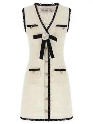 SELF-PORTRAIT White Pointelle Knit Mini' Dress - White/black