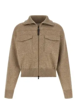 Brunello Cucinelli Shiny Zipper Pull' Wool Cardigan - Beige