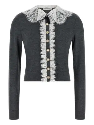 SELF-PORTRAIT Grey Lace Collar Knit' Cardigan - Gray
