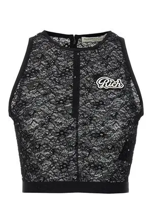 Alessandra Rich Rhinestone Lace Crop Top - Black