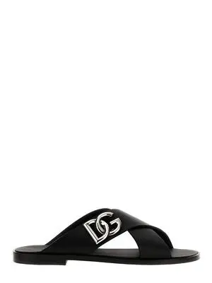 Dolce & Gabbana Logo Leather Sandals - Black