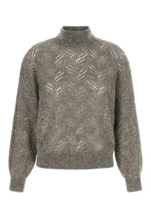 Brunello Cucinelli Dazzling Abstract Leaf Turtleneck Sweater - Gray