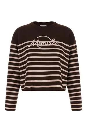 Moncler Striped Virgin Wool Sweater With Embroidery - Brown
