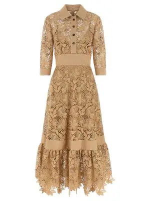Elie Saab Floral Macramé Midi Dress - Beige