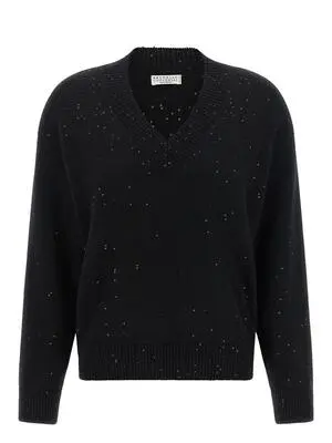 Brunello Cucinelli Diamante Sequined Cashmere And Silk Sweater - Black