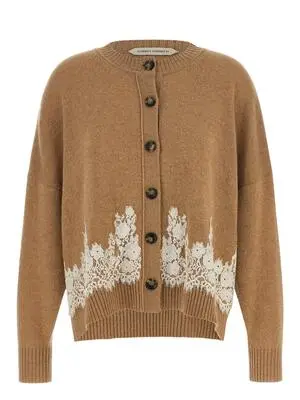Alberta Ferretti Cashmere And Camel Fur Blend Cardigan With Lace Insert - Brown