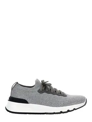 Brunello Cucinelli Knit Cotton Runners With Calfskin Details - Gray