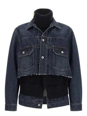 Sacai Hybrid Denim And Wool Knit Jacket - Blue
