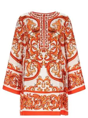 Dolce & Gabbana Maiolica Print Silk Twill Kaftan Mini Dress - Orange