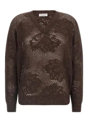 Brunello Cucinelli BRUNELLO CUCINELLI Flower Lace V-Neck Sweater Brown