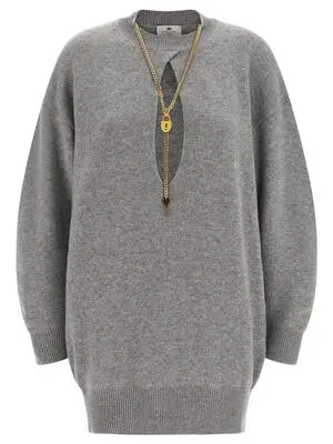 Elisabetta Franchi Cashmere Blend Chain Embellished Sweater Dress - Gray