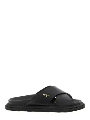 Moschino Leather Sabots With Logo - Black