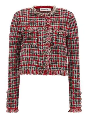 SELF-PORTRAIT Fringed Knit Jacket - Red